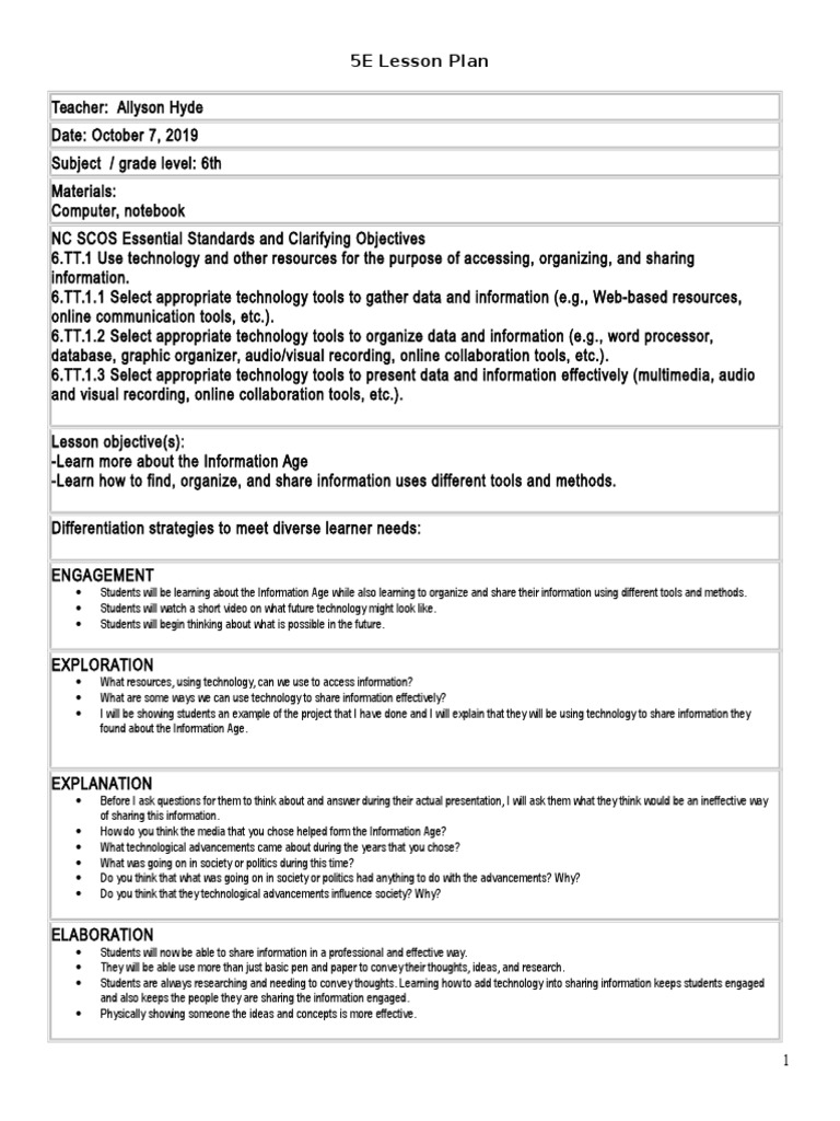 Middle School Stem Lesson Plan 5e | PDF | Lesson Plan | Information