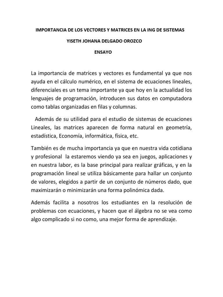Importancia de Los Vectores y Matrices en La Ing de Sistemas 1 | PDF