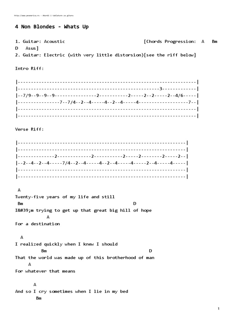 4 Non Blondes - What's Up Tabs & Chords | PDF | Song Structure ...