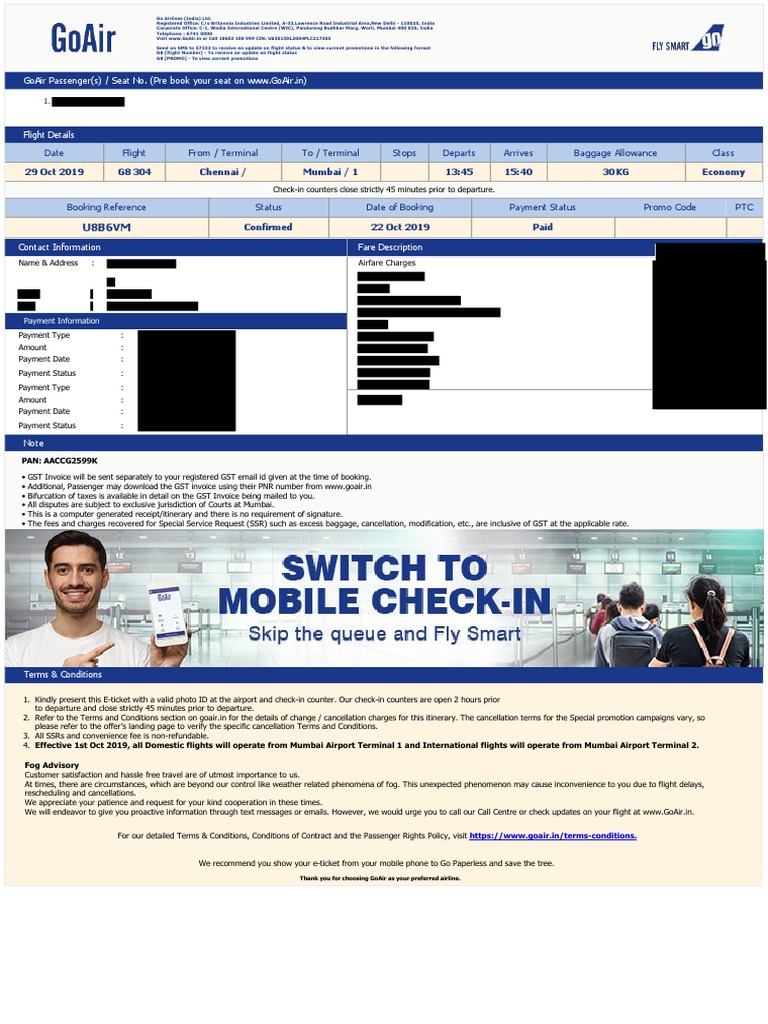 Sample of Indian Airline Ticket | PDF | Airport | Invoice