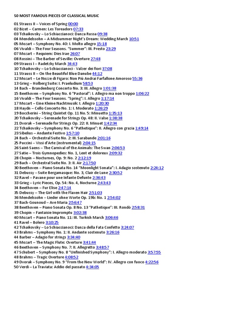 50 Most Famous Pieces of Classical Music | PDF | Suite (Music) | Tempo
