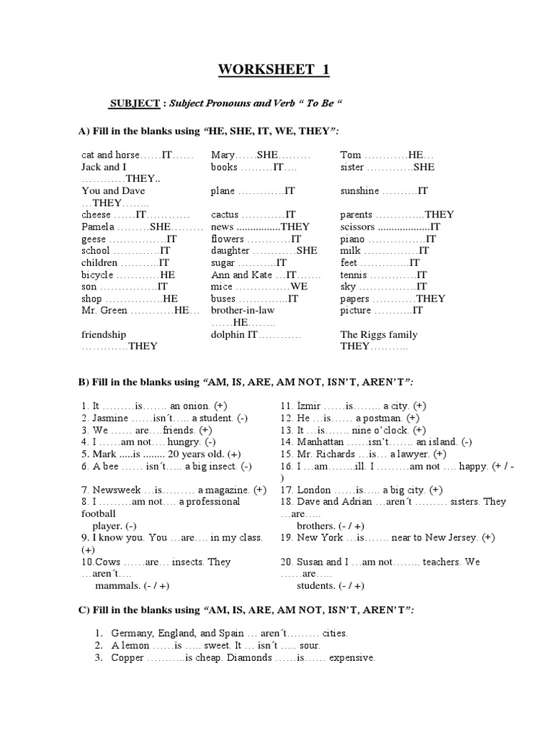 Subject Pronouns and Verb "To Be" Worksheet | PDF | Games & Activities ...