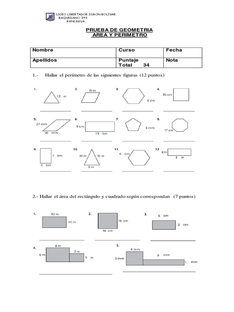 Prueba de Área y Perímetro 5° Básico | PDF