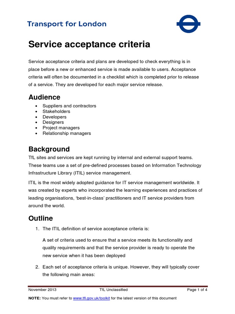 TFL Service Acceptance Criteria | PDF | Itil | Documentation