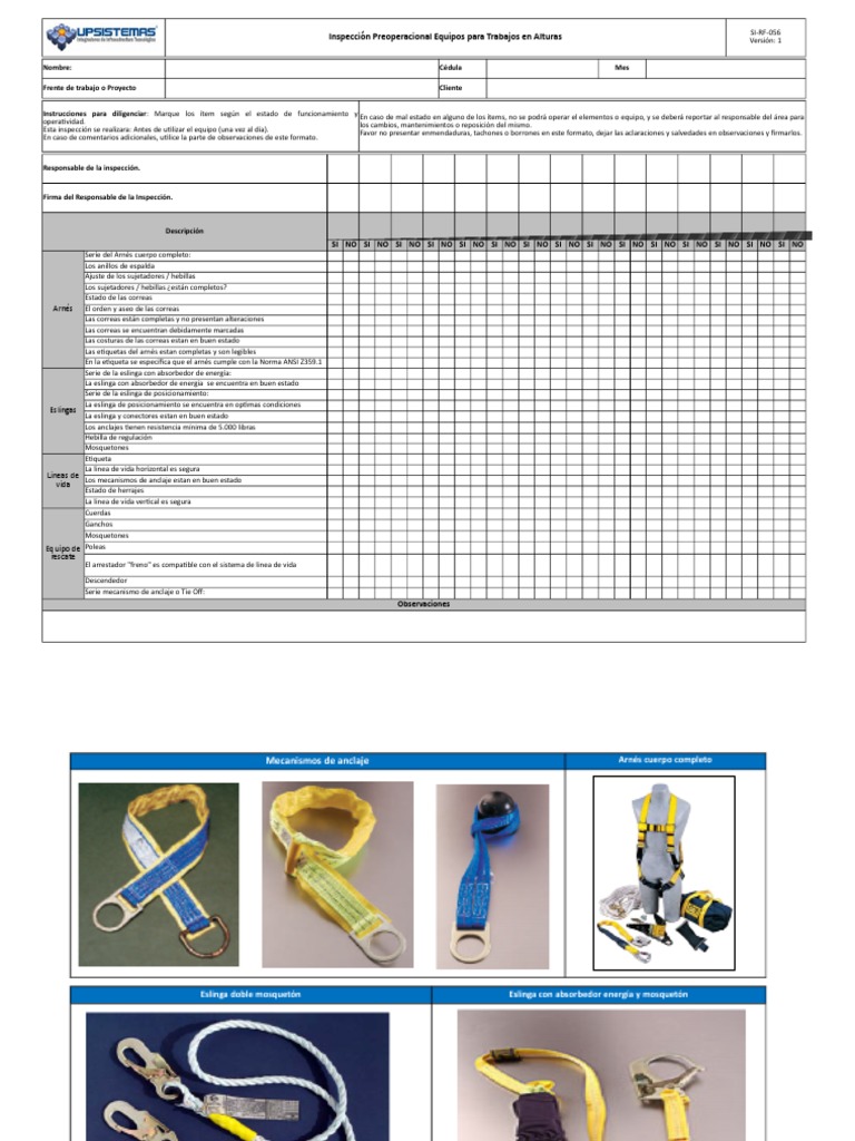 Inspección preoperacional de equipos de protección personal y sistemas de seguridad para ...