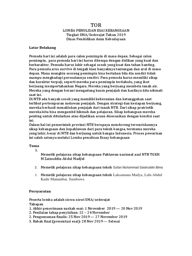 TOR Lomba Menulis Kebangsaan | PDF