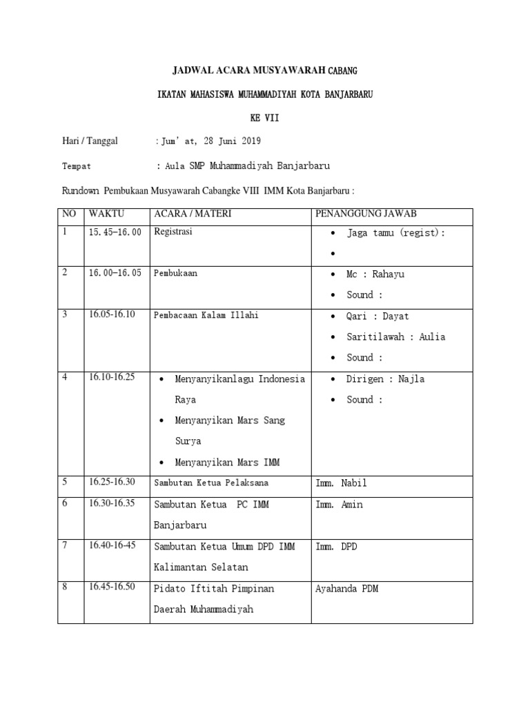 Rundown Pembukaan Acara Musycab Imm | PDF