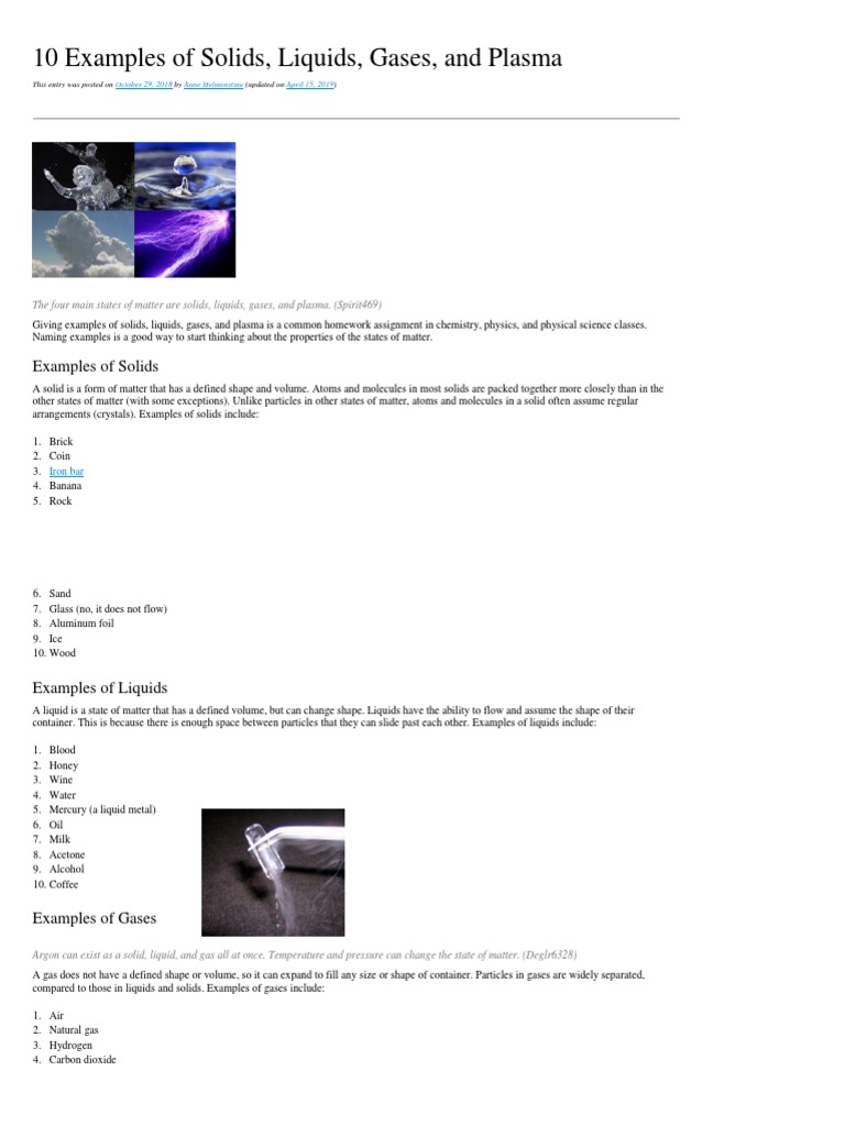 10 Examples of Solids, Liquid Gas | PDF | Liquids | Gases
