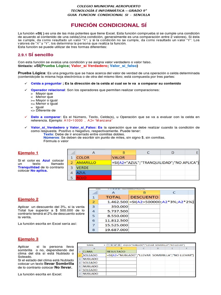 Guia Taller Función Condicional Si | PDF | Microsoft Excel | Informática