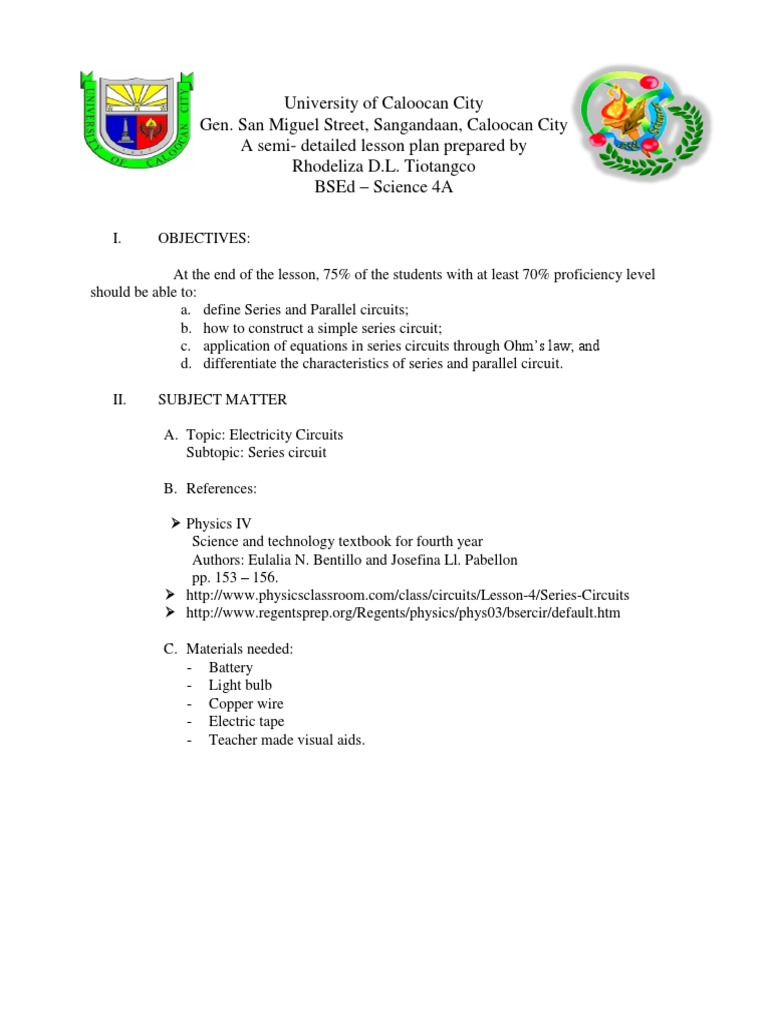 Lesson Plan Electricity Circuits | Download Free PDF | Series And ...