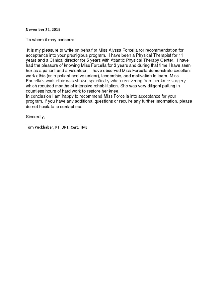 Tom Puckhaber PT Letter of Recommendation | PDF | Self-Improvement