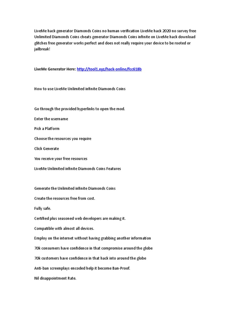LiveMe Hack Generator Diamonds Coins No Human Verification | PDF | Ios ...