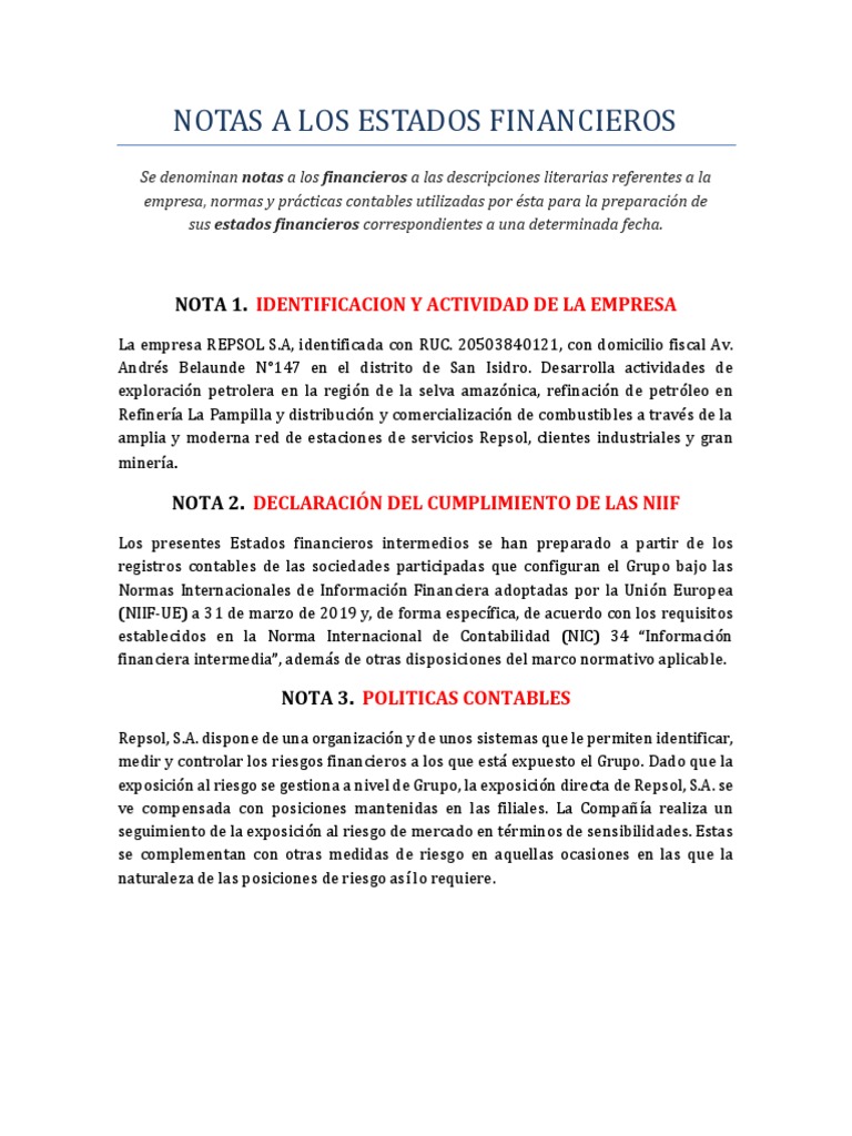 Notas A Los Estados Financieros 28 09 Pdf Normas Internacionales De