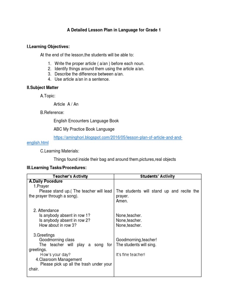 A Detailed Lesson Plan in Language For Grade 1 | PDF | Noun | Consonant