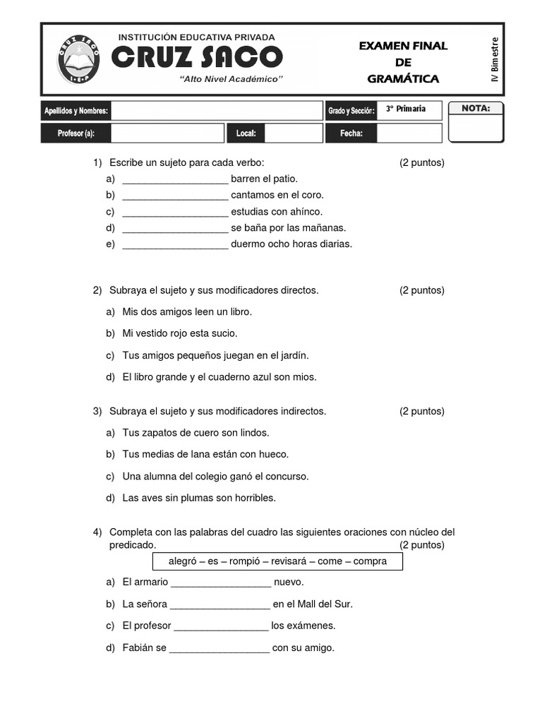 Actividades de Gramática para Primaria | PDF | Predicado (Gramática ...