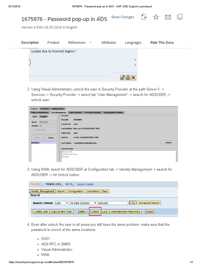 Password Pop-Up in ADS - SAP ONE Support Launchpad | PDF