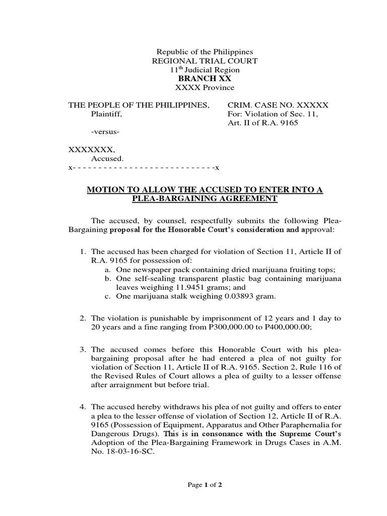 Motion To Allow The Accused To Enter Into Plea Bargaining | PDF | Plea ...