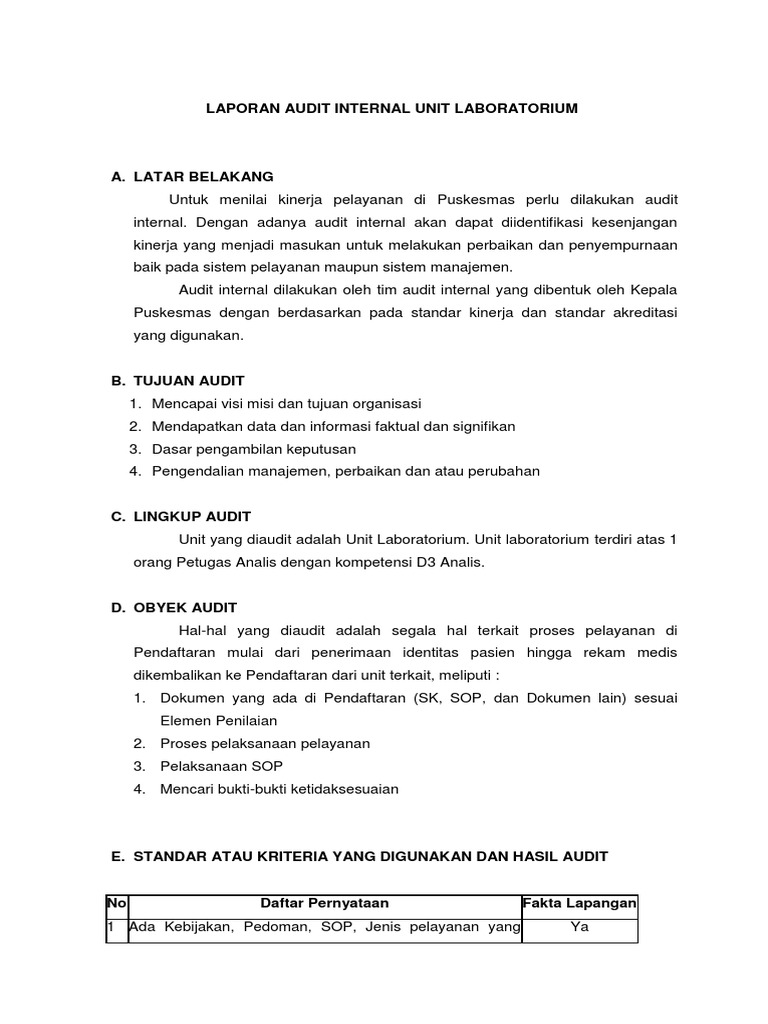 Laporan Audit Internal Unit Laboratorium | PDF