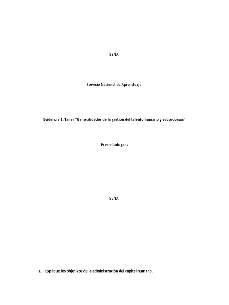 Evidencia 1 Taller Generalidades de La Gestión Del Talento Humano y Subprocesos | PDF | Gestión ...