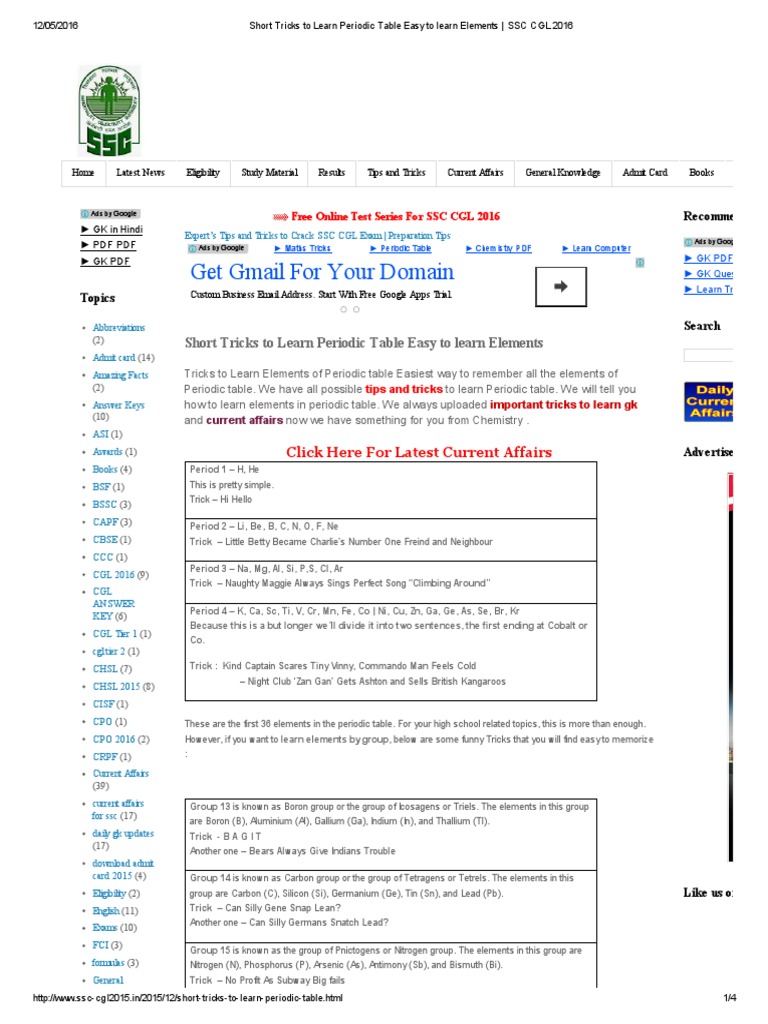 Short Tricks To Learn Periodic Table Easy To Learn Elements SSC CGL ...