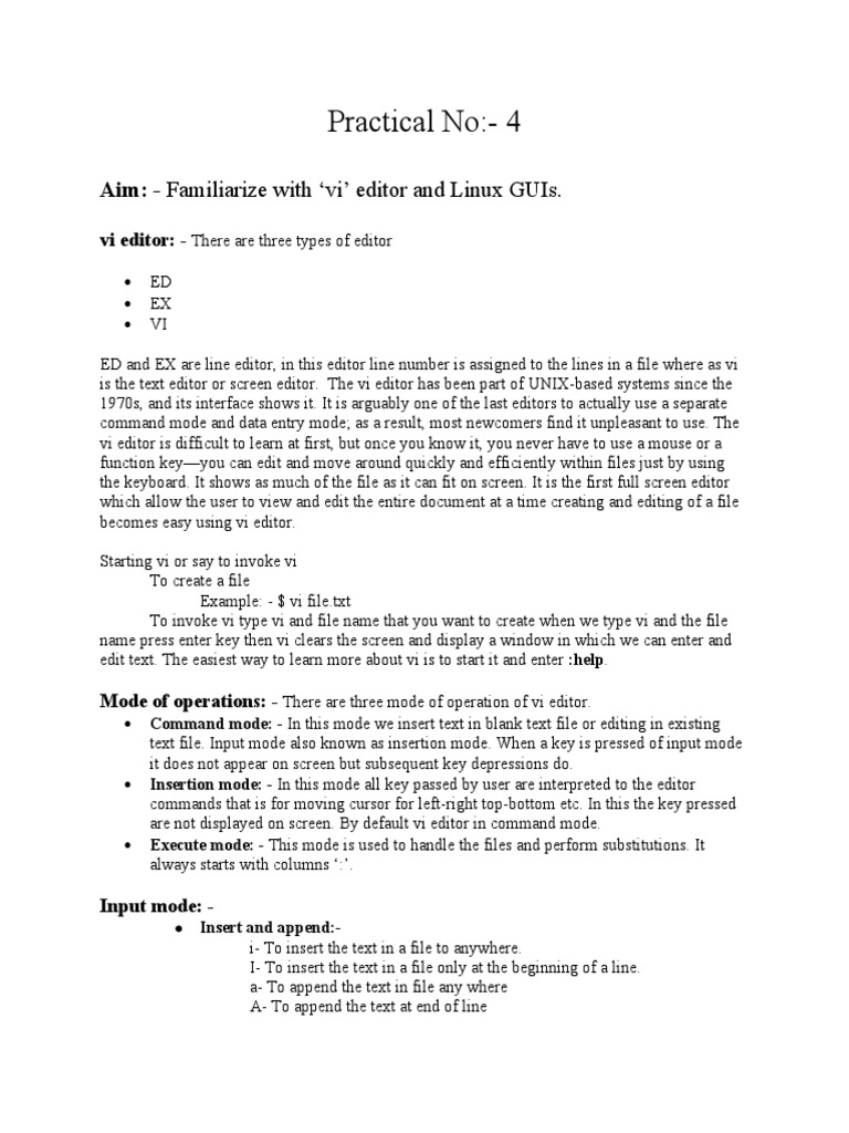 Practical No:-4: Aim: - Familiarize With Vi' Editor and Linux Guis | PDF | Cursor (User ...