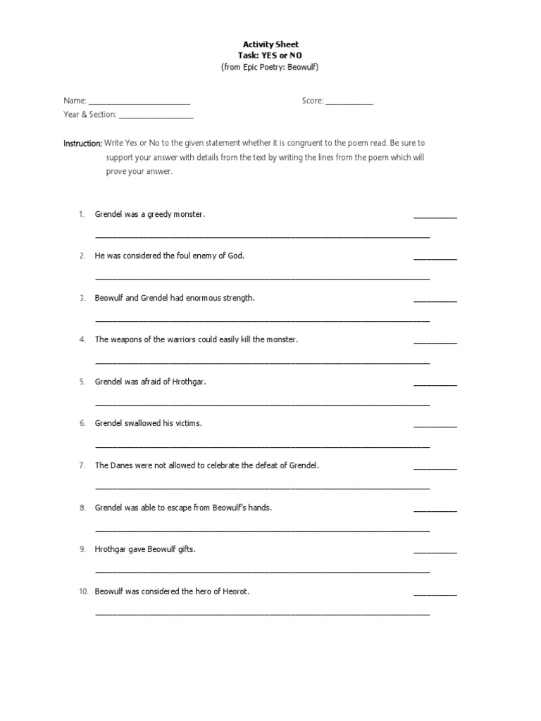 Activity Sheet BEOWULF | PDF | Beowulf | English Folklore