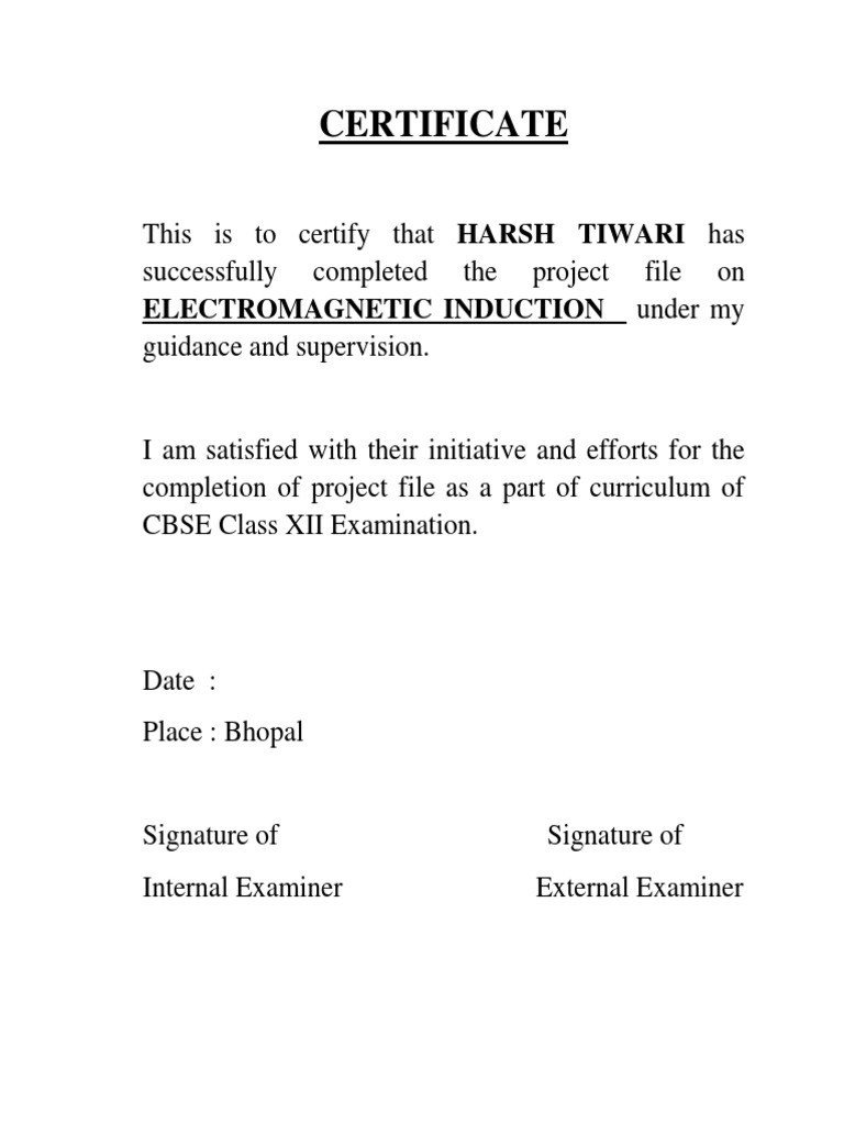 Certificate of Completion for Project on Electromagnetic Induction and ...