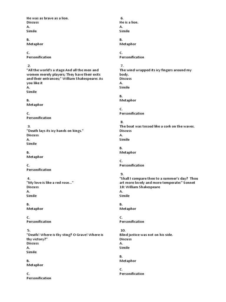 Figures of Speech Quiz | PDF | Metaphor | Rhetoric