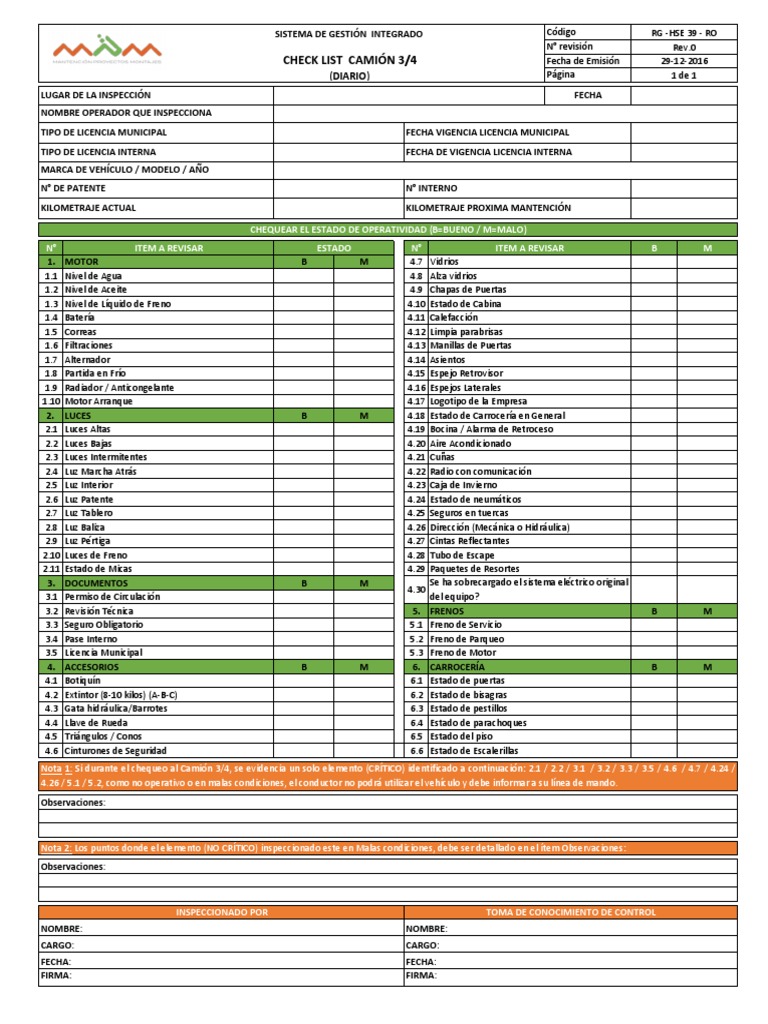 Check List Camión 3 4tos MPM | PDF | Vehículos | Coche