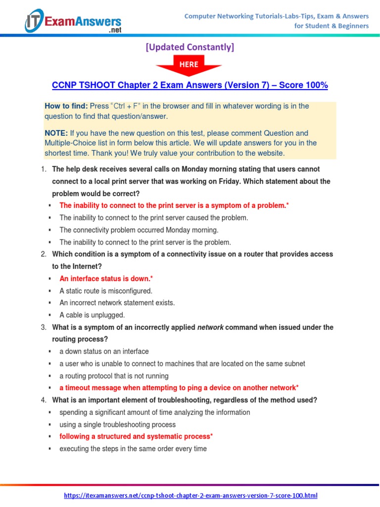 CCNP TSHOOT Chapter 2 Exam Answers (Version 7) - Score 100% PDF | PDF ...