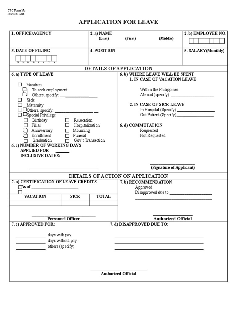 CSC Application for Leave Form | PDF | Government | Business