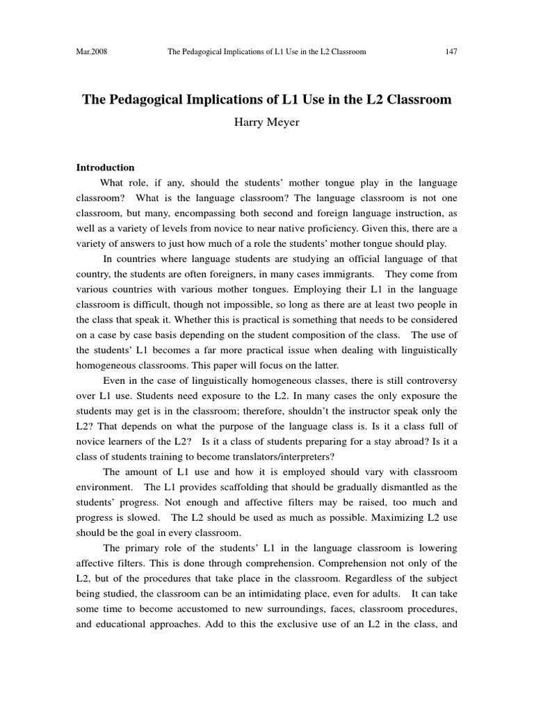 The Pedagogical Implications of L1 Use in The L2 Classroom | PDF ...