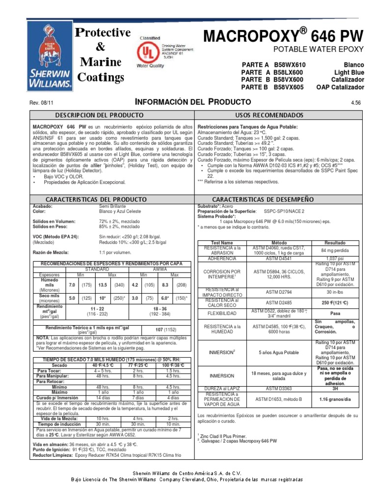 Macropoxy® 646 PW Potable Water Epoxy PDF | PDF | Hormigón | Pintar