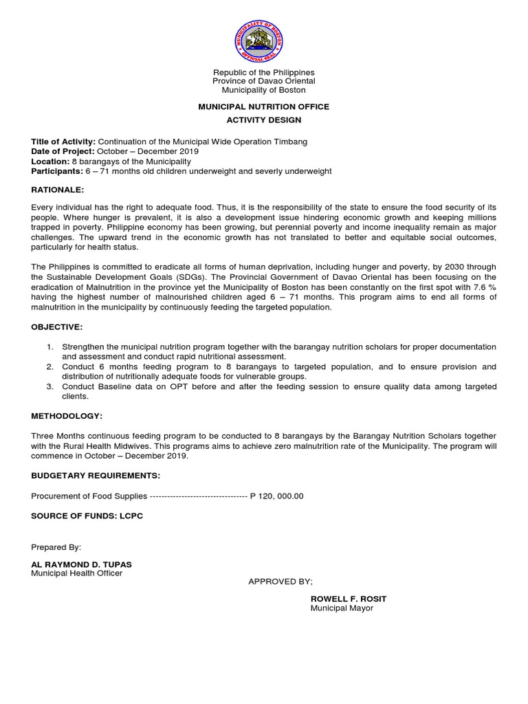 ACTIVITY DESIGN - Supplemental Feeding | PDF | Malnutrition | Food Security