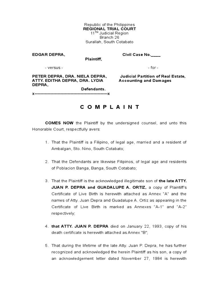 Complaint For Judicial Partition of Estate - Depra | PDF | Government ...