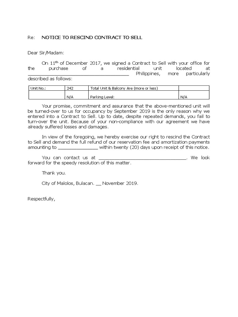 Notice to Rescind Contract for Sale of Residential Unit Due to ...