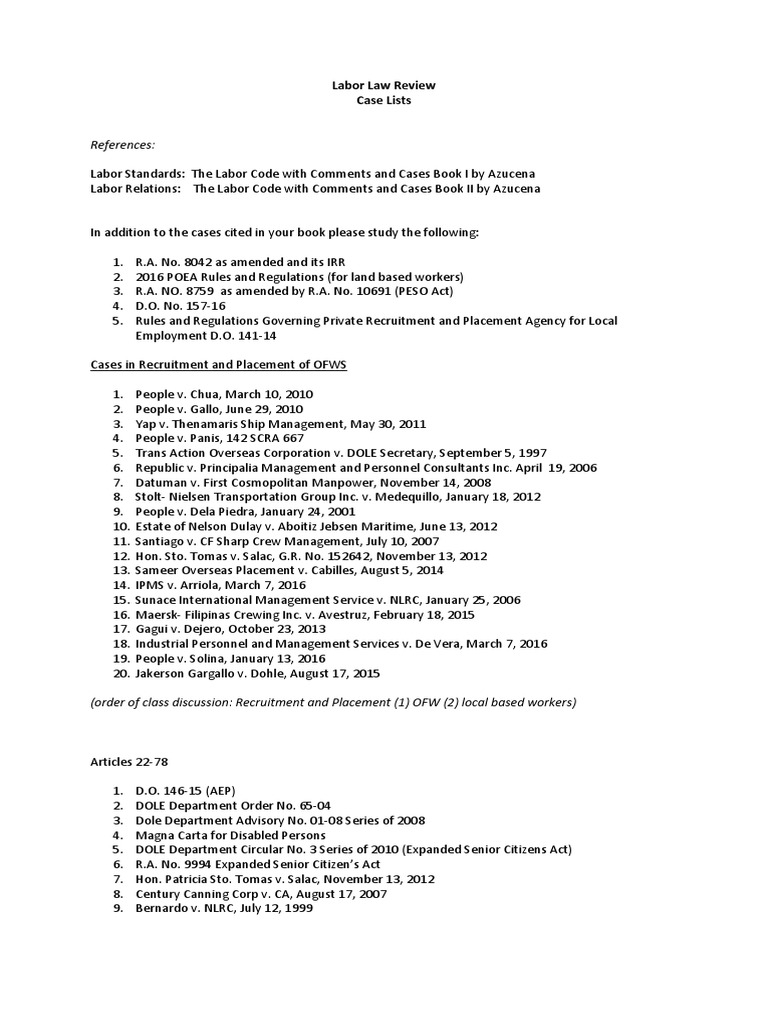 Essential Labor Laws, Regulations, and Case References for ...