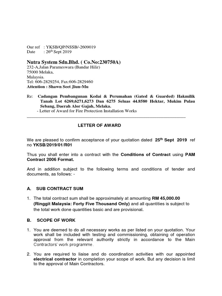 Letter of Award for Fire Protection Works | PDF | General Contractor ...