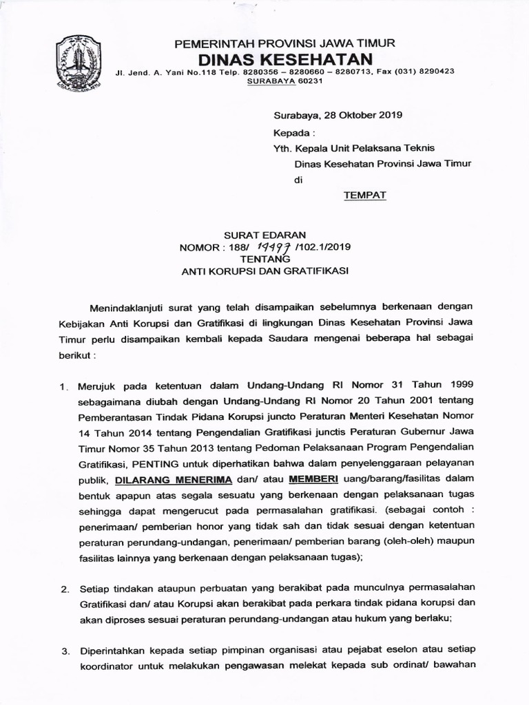 Surat Edaran Anti Korupsi Dan Gratifikasi Utk UPT | PDF