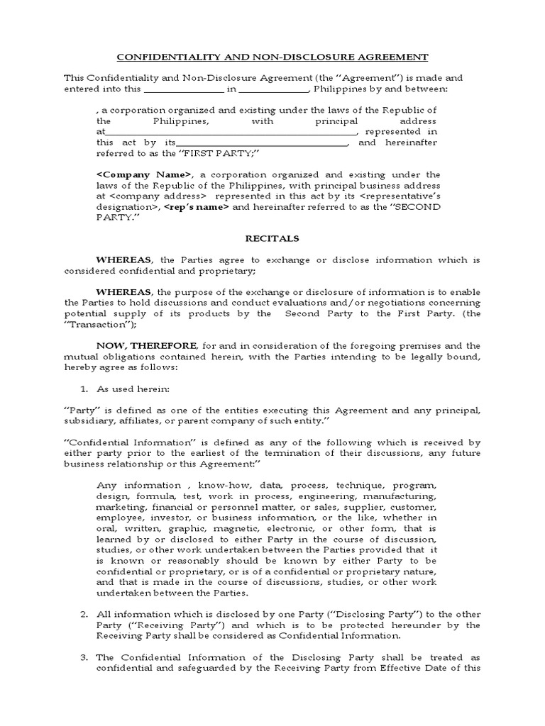 NDA Template | PDF | Non Disclosure Agreement | Confidentiality