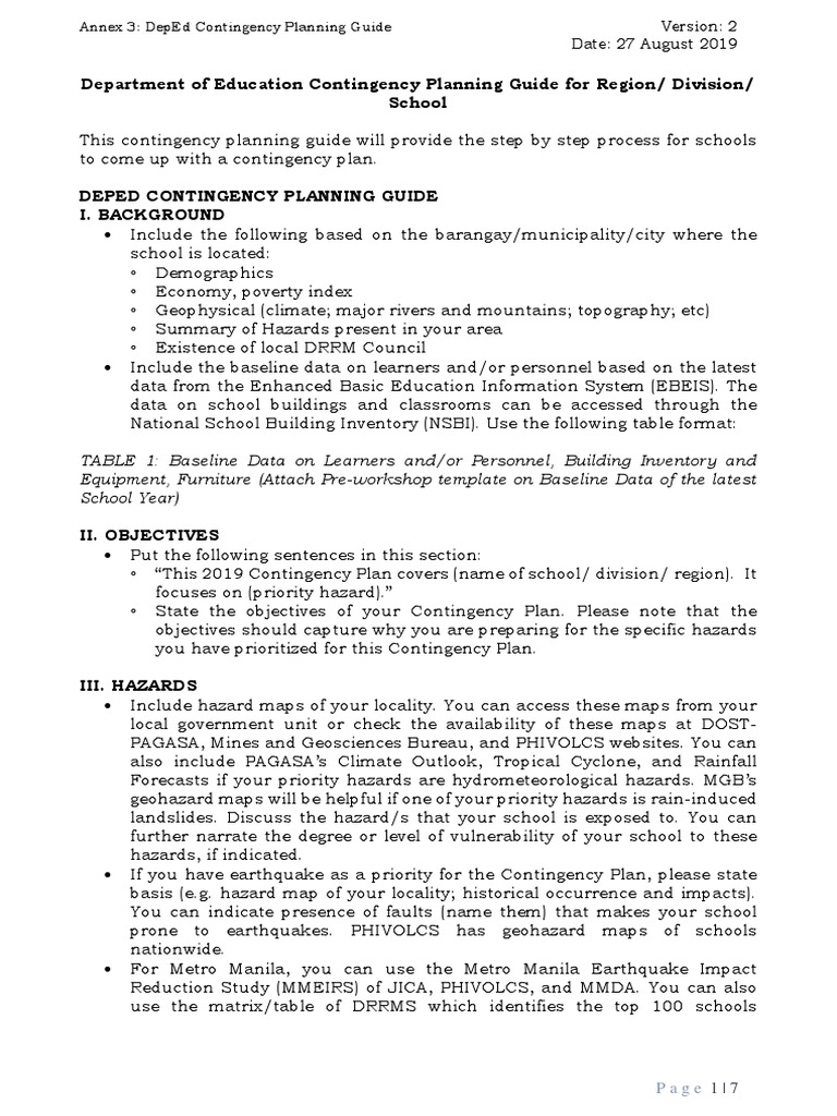 Annex 3 - DepEd Contingency Planning Guide - 20190827 | PDF | Hazards ...