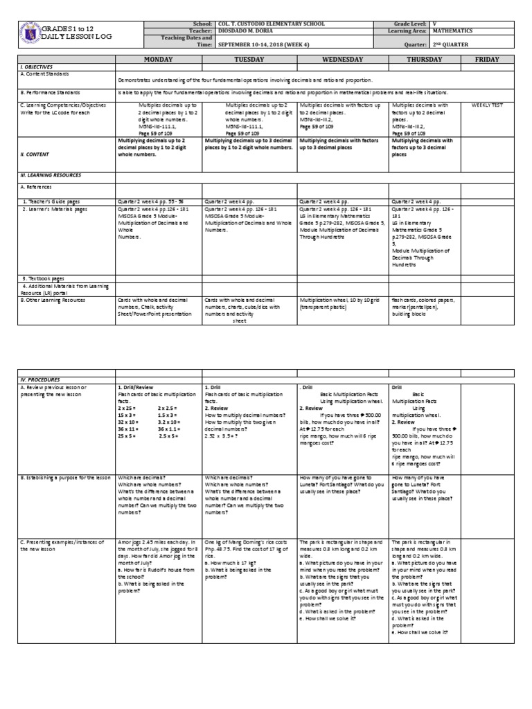 Grade 5 Math Lesson Plan: Multiplying Decimals | PDF | Multiplication | Numbers