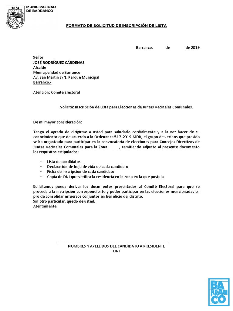 Formato - de - Solicitud - Lista de Junta Vecinal Barranco | PDF | Licenciatura | Gobierno