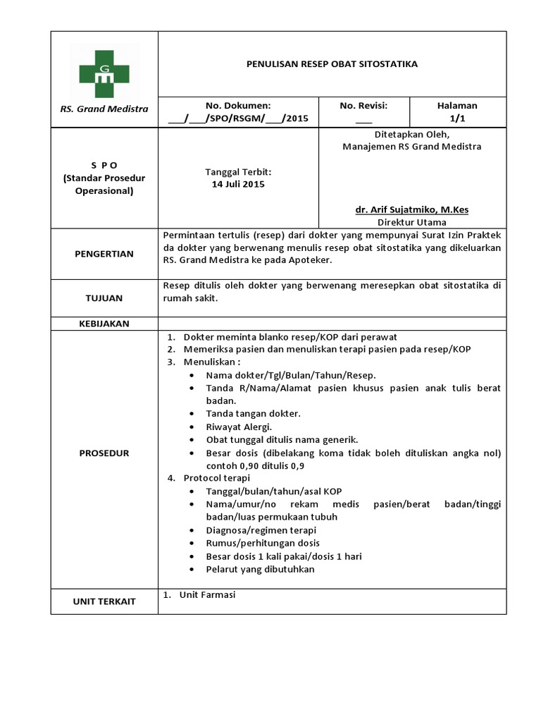 Prosedur Resep Obat Sitostatika RS Grand Medistra | PDF | Pengembangan Diri