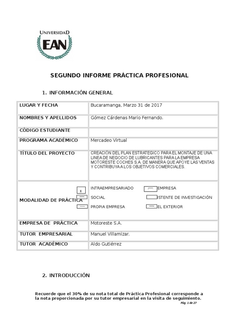 Formato Ejemplo Segundo Informe de Practica | PDF | Marketing | Mercado (economía)