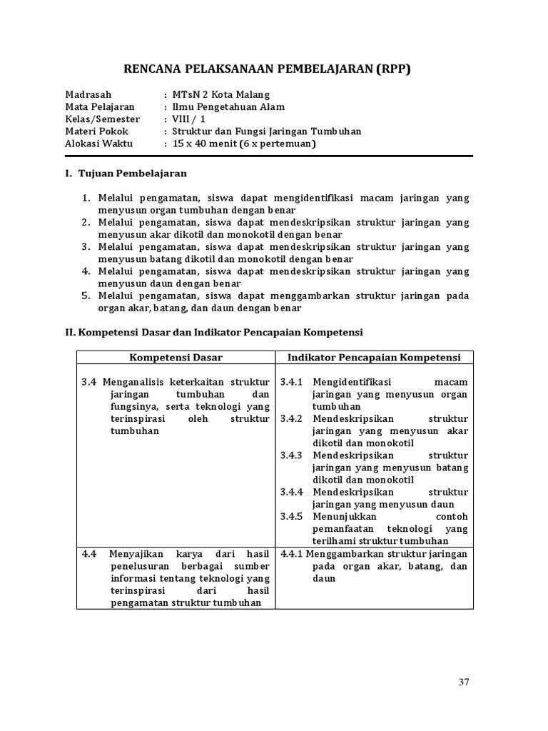 RPP Struktur Dan Fungsi Jaringan Tumbuhan | PDF