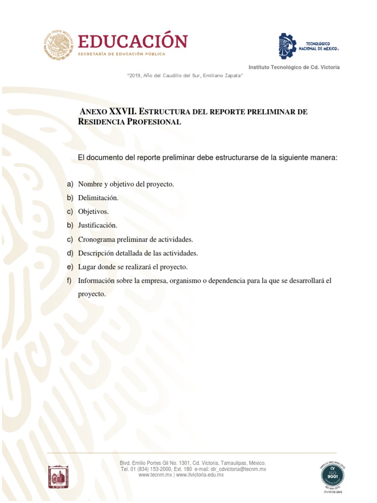 04 - Anexo Xxvii. Estructura Del Reporte Preliminar de Residencia Profesional | PDF