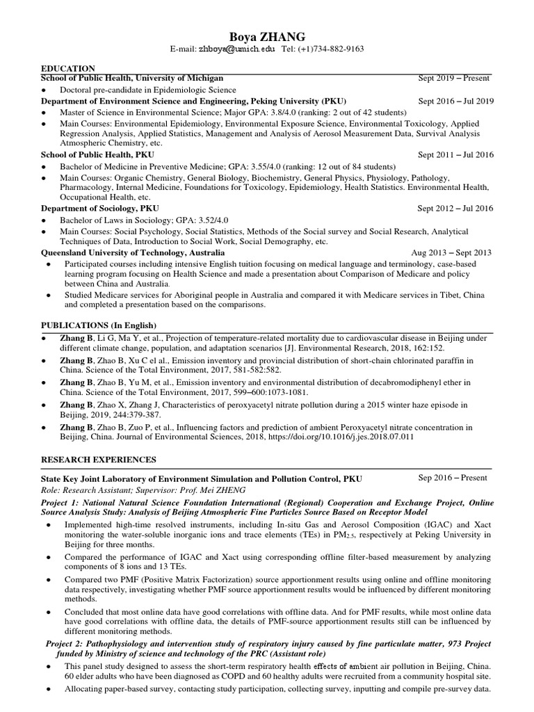 CV Boya Zhang | PDF | Air Pollution | Particulates
