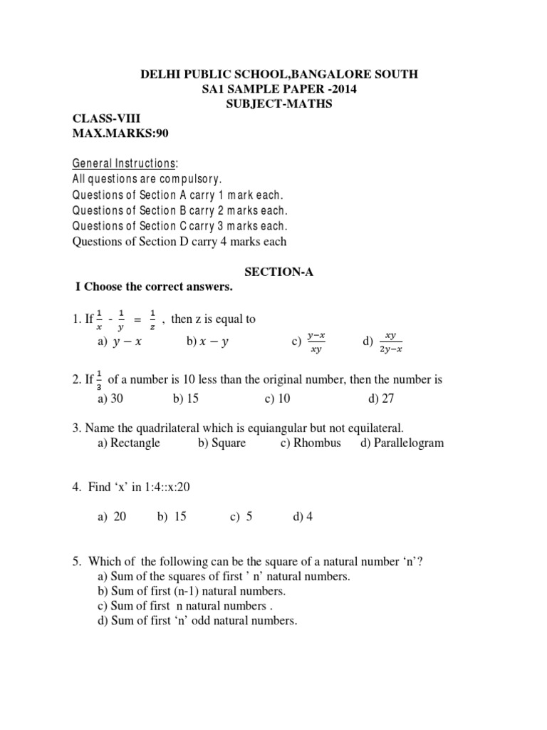 Class 8 Sample Paper Maths | PDF | Rectangle | Euclid