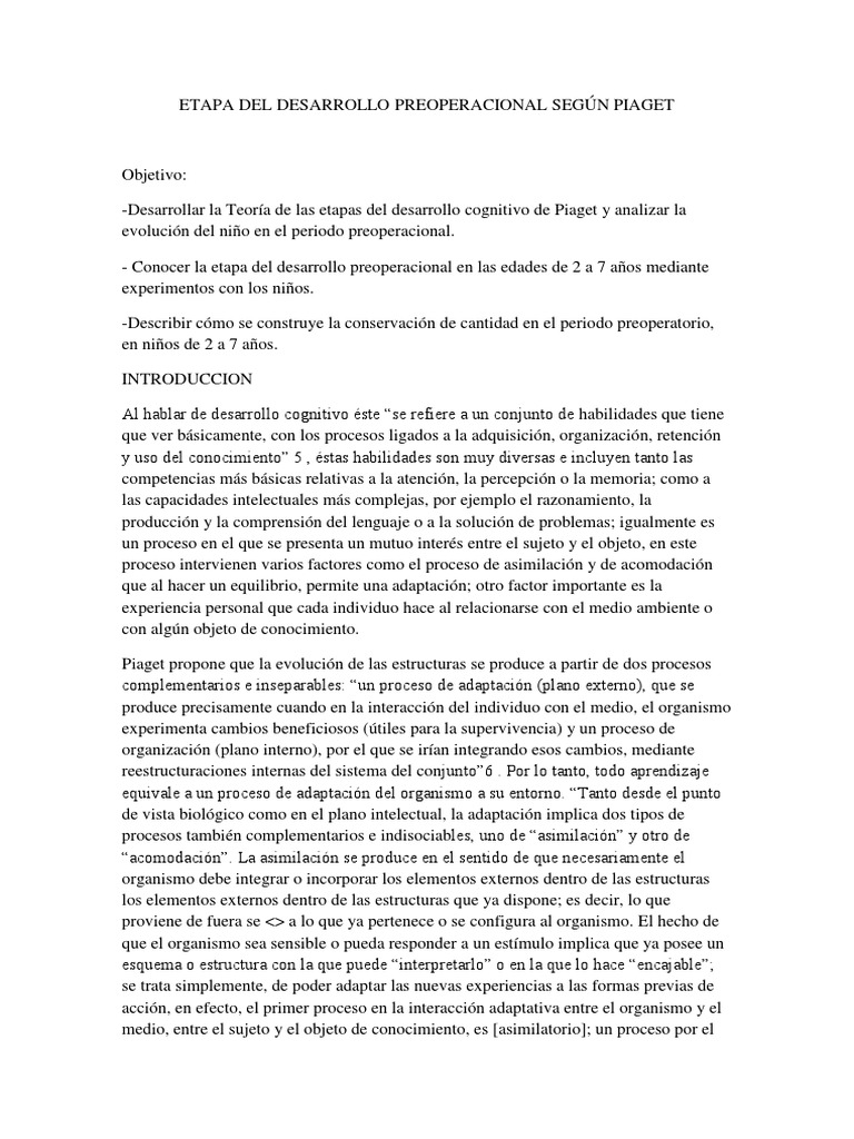 Etapa Del Desarrollo Preoperacional Según Piaget | PDF | Desarrollo ...
